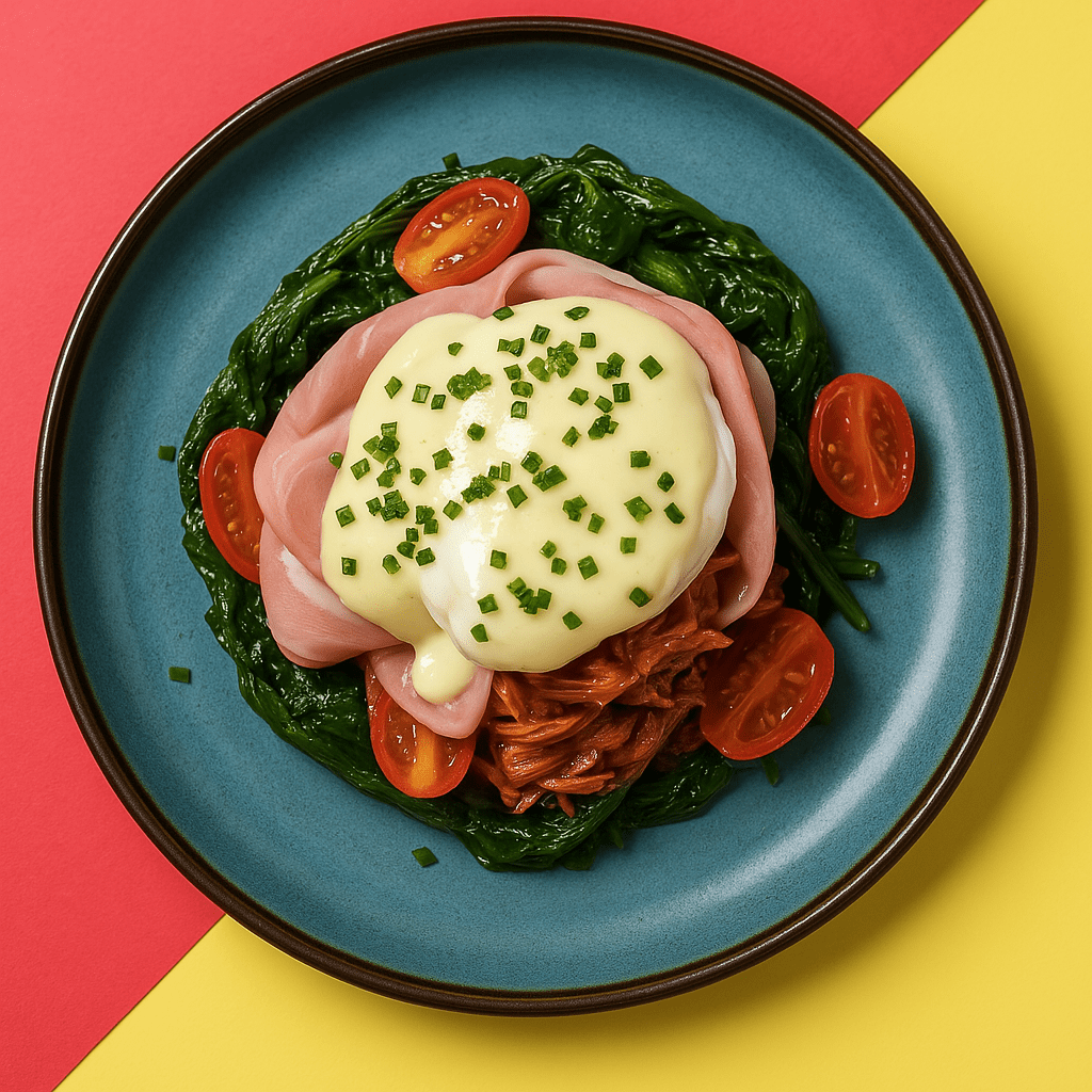Poached Eggs Florentine with Sauteed Spinach, Lean Ham & Mornay Sauce ...