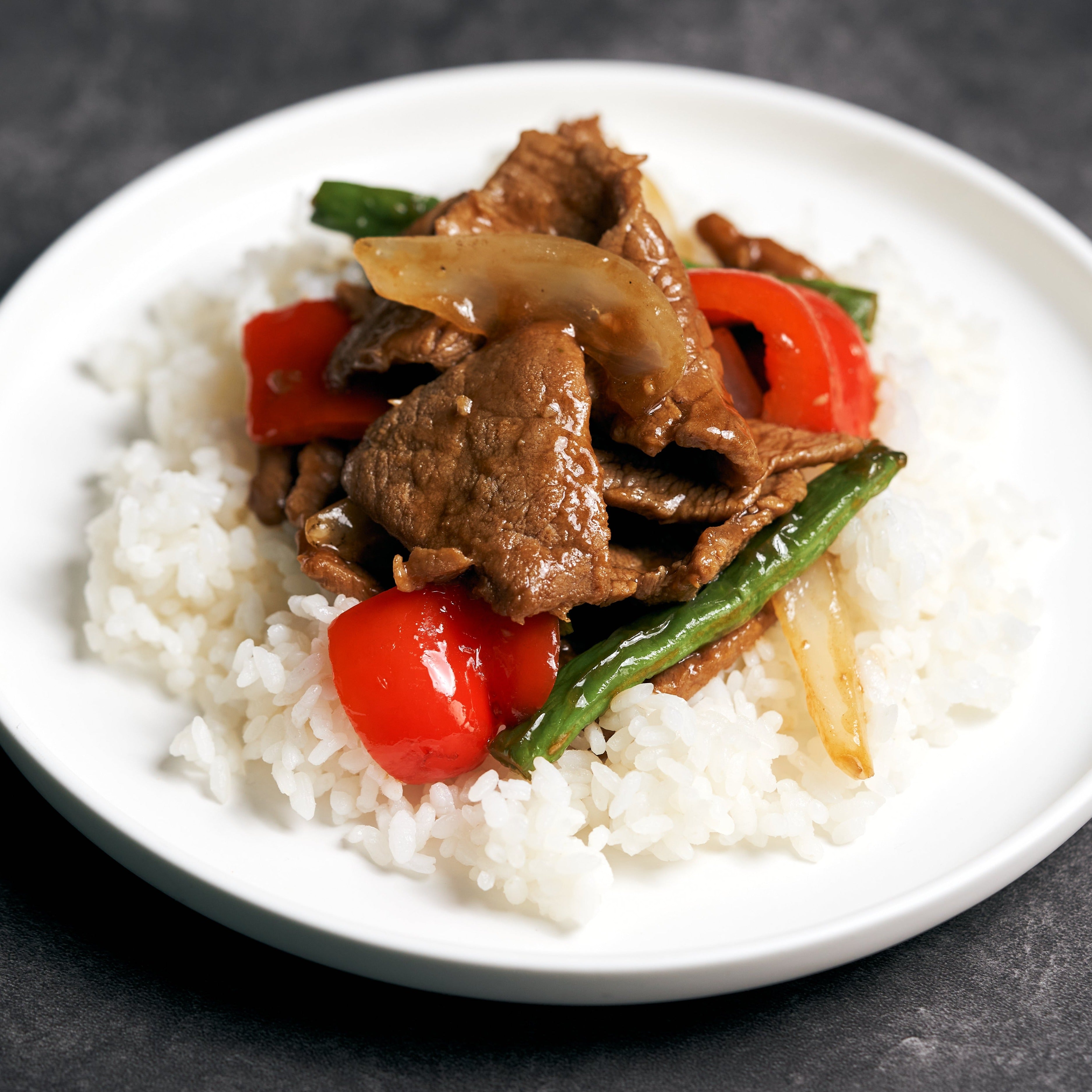 Sauteed Beef Tenderloin with Chinese Green Beans, Bell Peppers & Jasmi ...