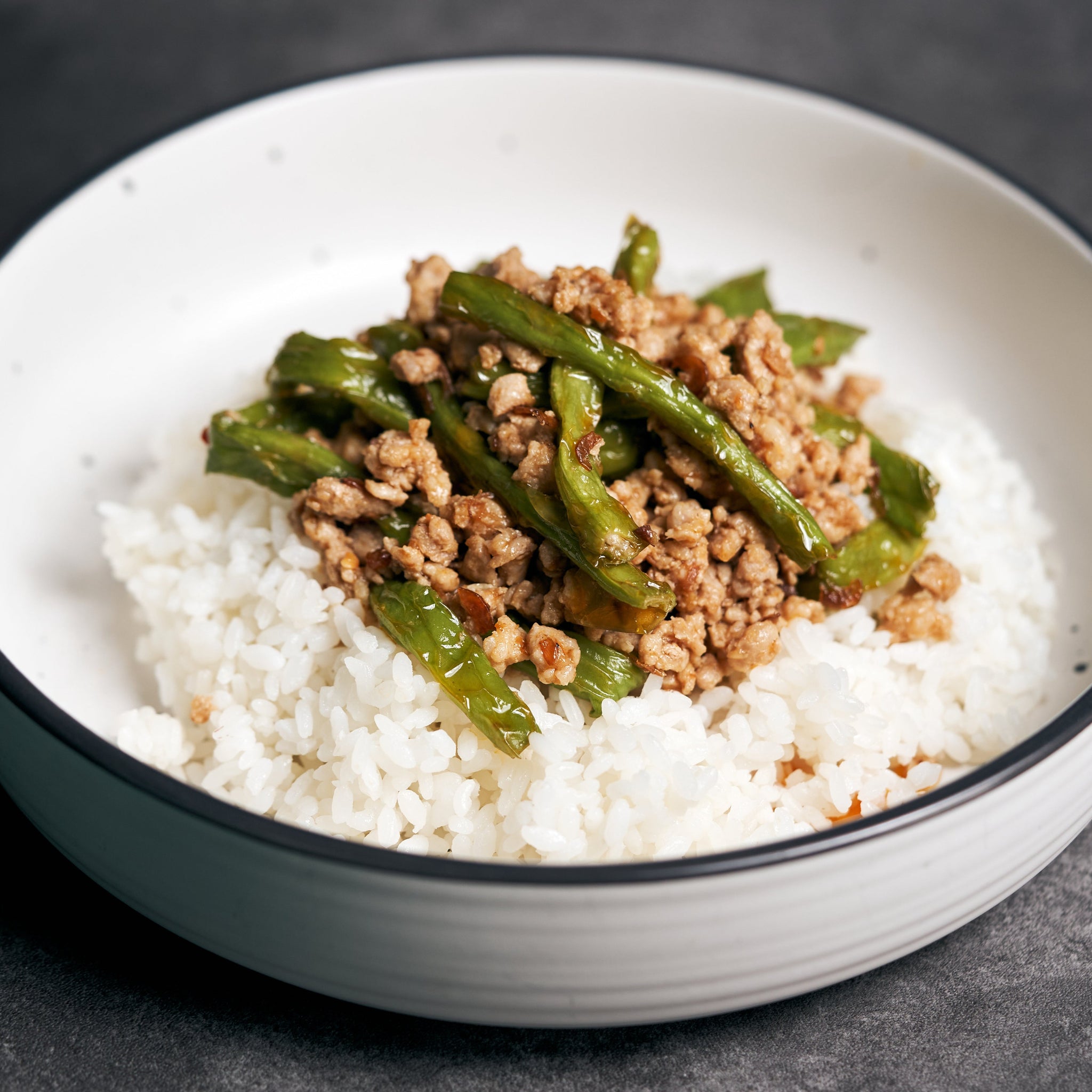 XO Sauce Minced Pork with Sauteed String Beans & Steamed Jasmine Rice ...