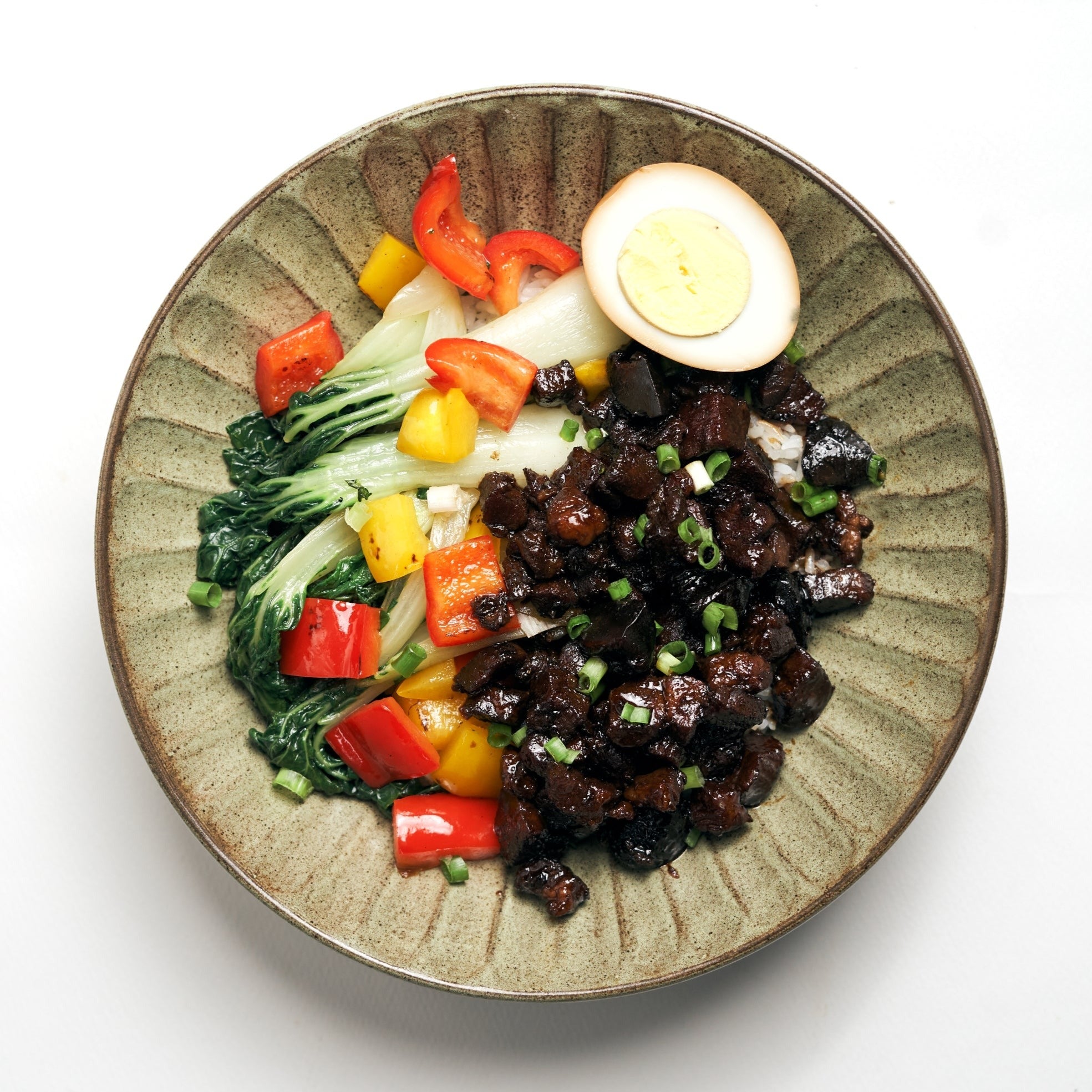 Taiwanese Pork Bowl with Soy Braised Egg, Bok Choi & Peppers ...