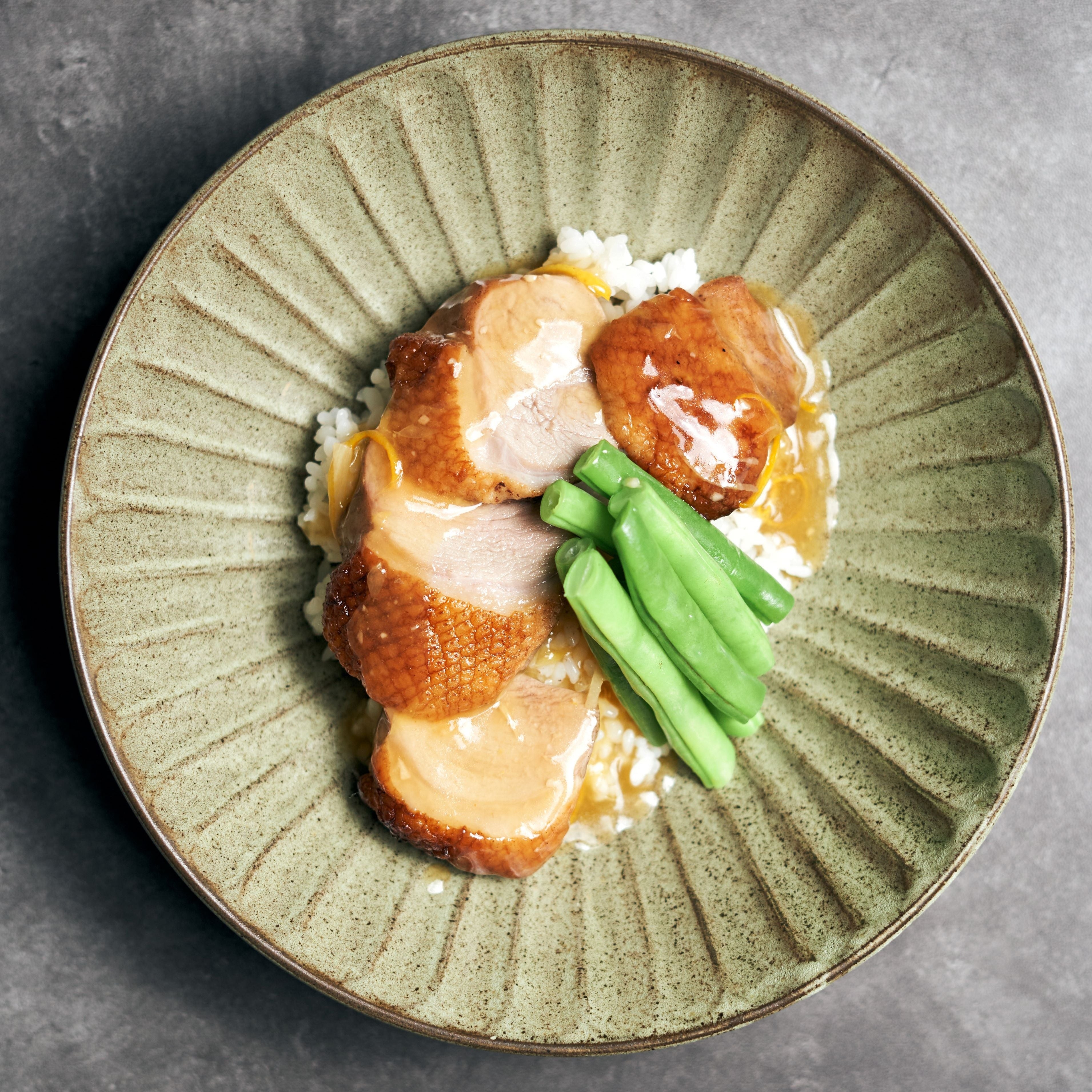 Orange Soy Marinated Duck Breast with Sauteed Green Beans & Steamed Ja ...